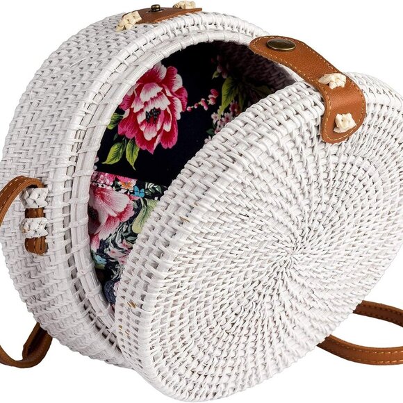 Bags | Round Straw Bag Shoulder Leather Straps Wicker Rattan Hand Woven ...